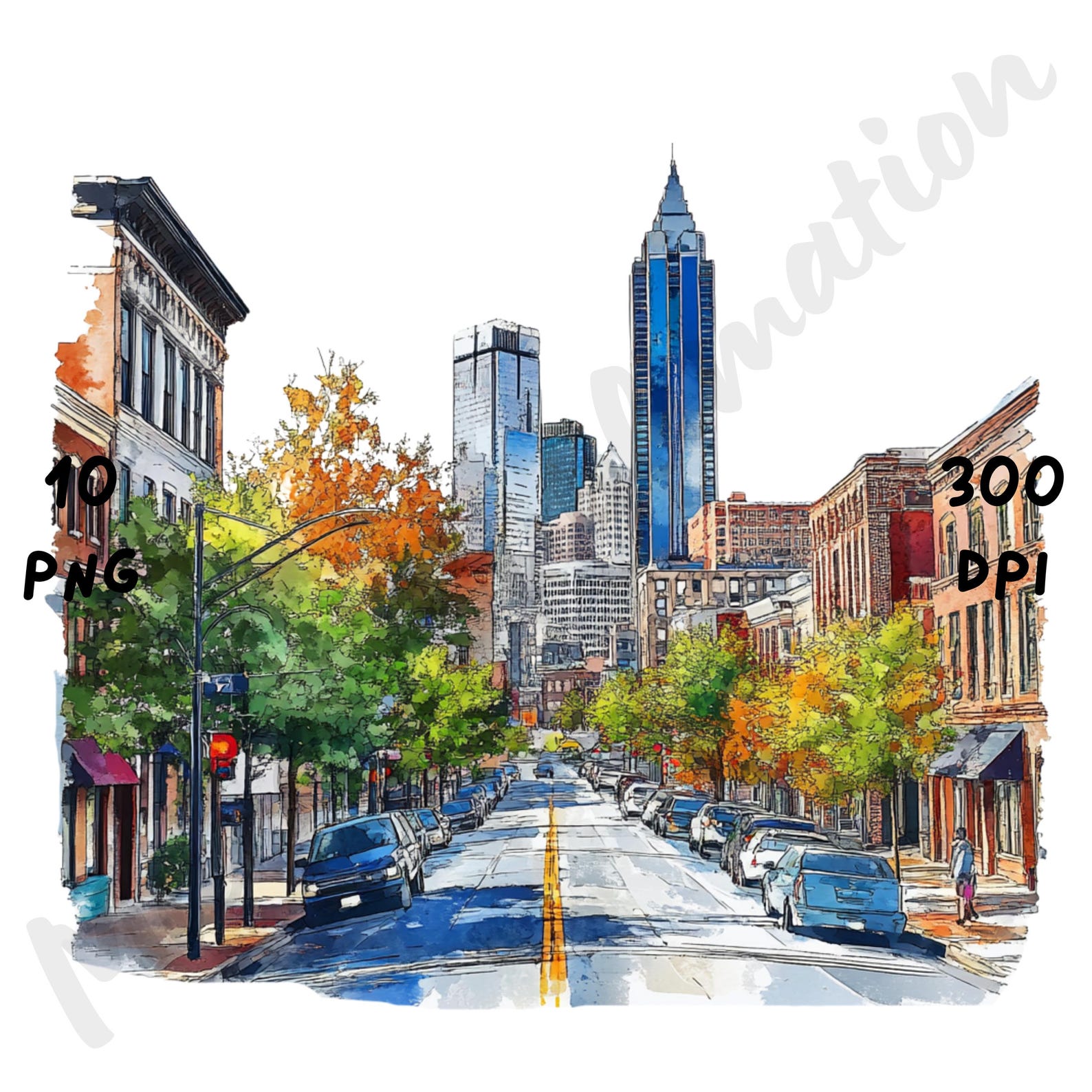 10 PNG Quirky Atlanta Scene Clipart, Watercolor Atlanta Cityscape ...