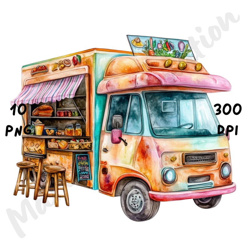 10 PNG Quirky Food Truck Clipart, Whimsical Shop Scene, Watercolor ...