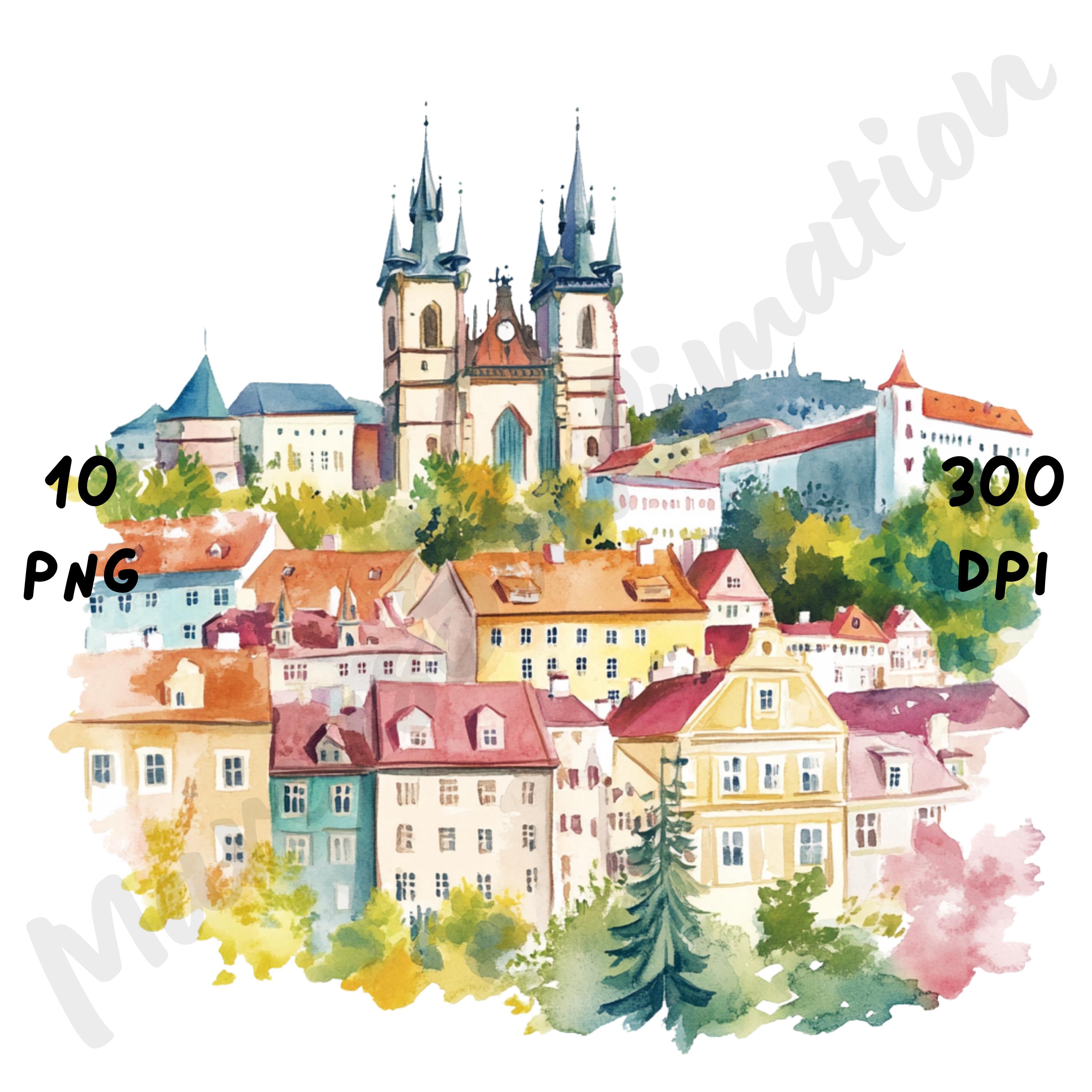 10 PNG Quirky Prague Scene Clipart, Watercolor Prague View, Whimsical ...