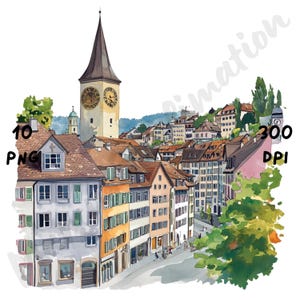 10 PNG Quirky Zurich Scene Clipart, Watercolor Swiss City View ...