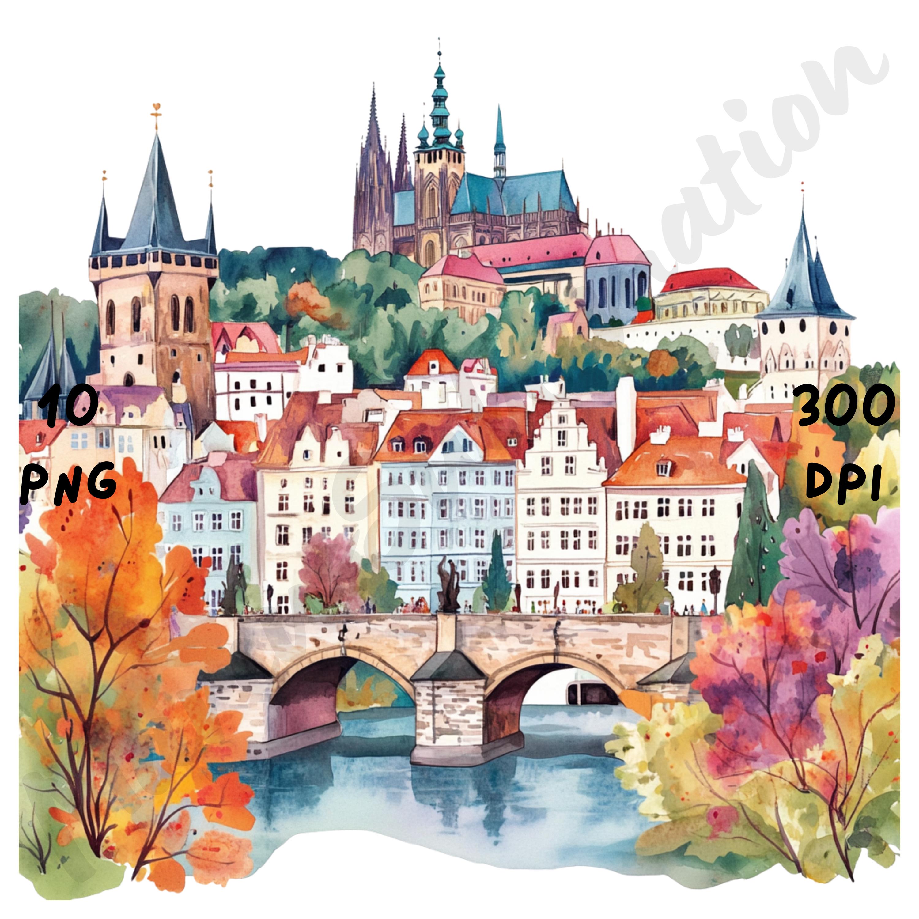 10 PNG Quirky Prague Scene Clipart, Watercolor Prague View, Whimsical ...