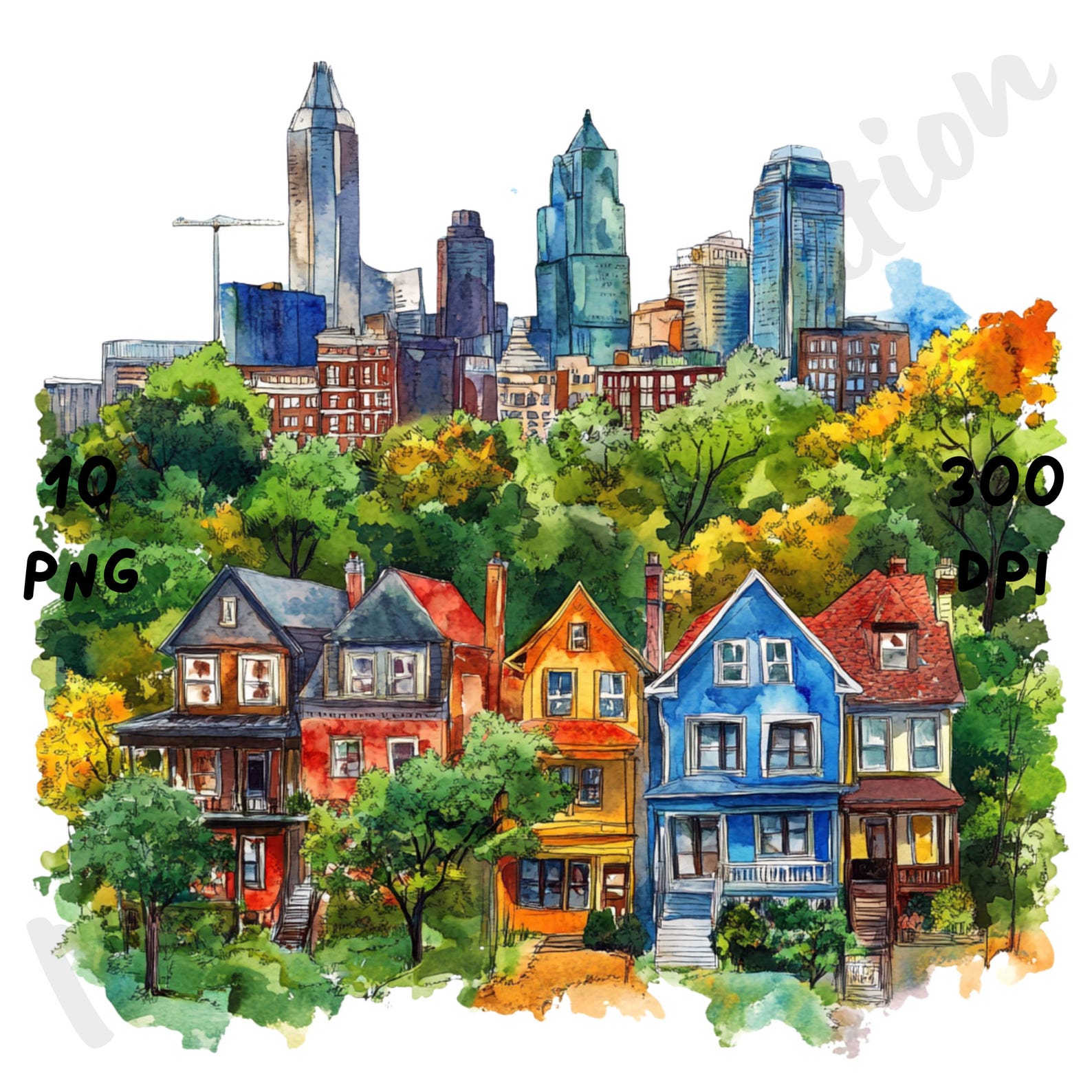 10 PNG Quirky Atlanta Scene Clipart, Watercolor Atlanta Cityscape ...