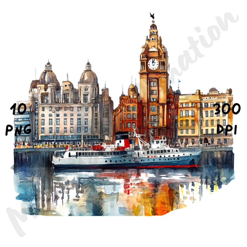10 PNG Quirky Liverpool Scene Clipart, Watercolor British View ...