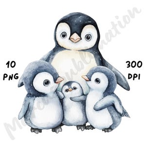 10 PNG Cute Penguin Mother Clipart, Watercolor Mom Penguin and Her Cubs ...