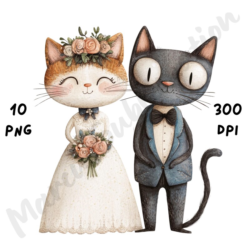 10 PNG Quirky Wedding Cat Couple Clipart, Whimsical Cartoon Cat Lover ...