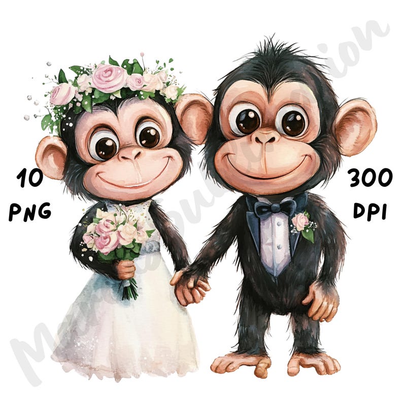 10 PNG Quirky Wedding Monkey Couple Clipart, Whimsical Cartoon Animal ...