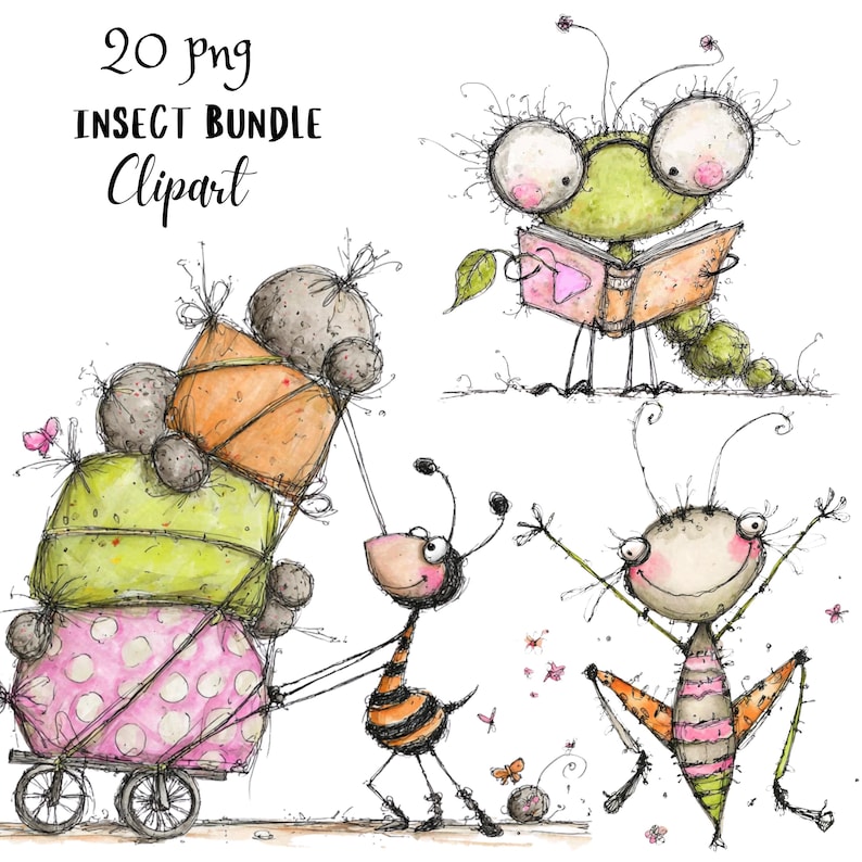 Whimsical Insect Clipart Set: 20 PNG Quirky Bug Illustrations (digital ...