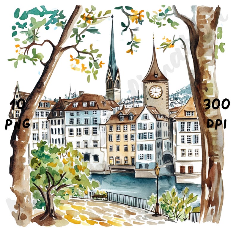 10 PNG Quirky Zurich Scene Clipart, Watercolor Swiss City View ...