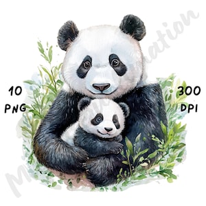 10 PNG Cute Panda Mother Clipart, Watercolor Mom Panda and Her Cubs ...