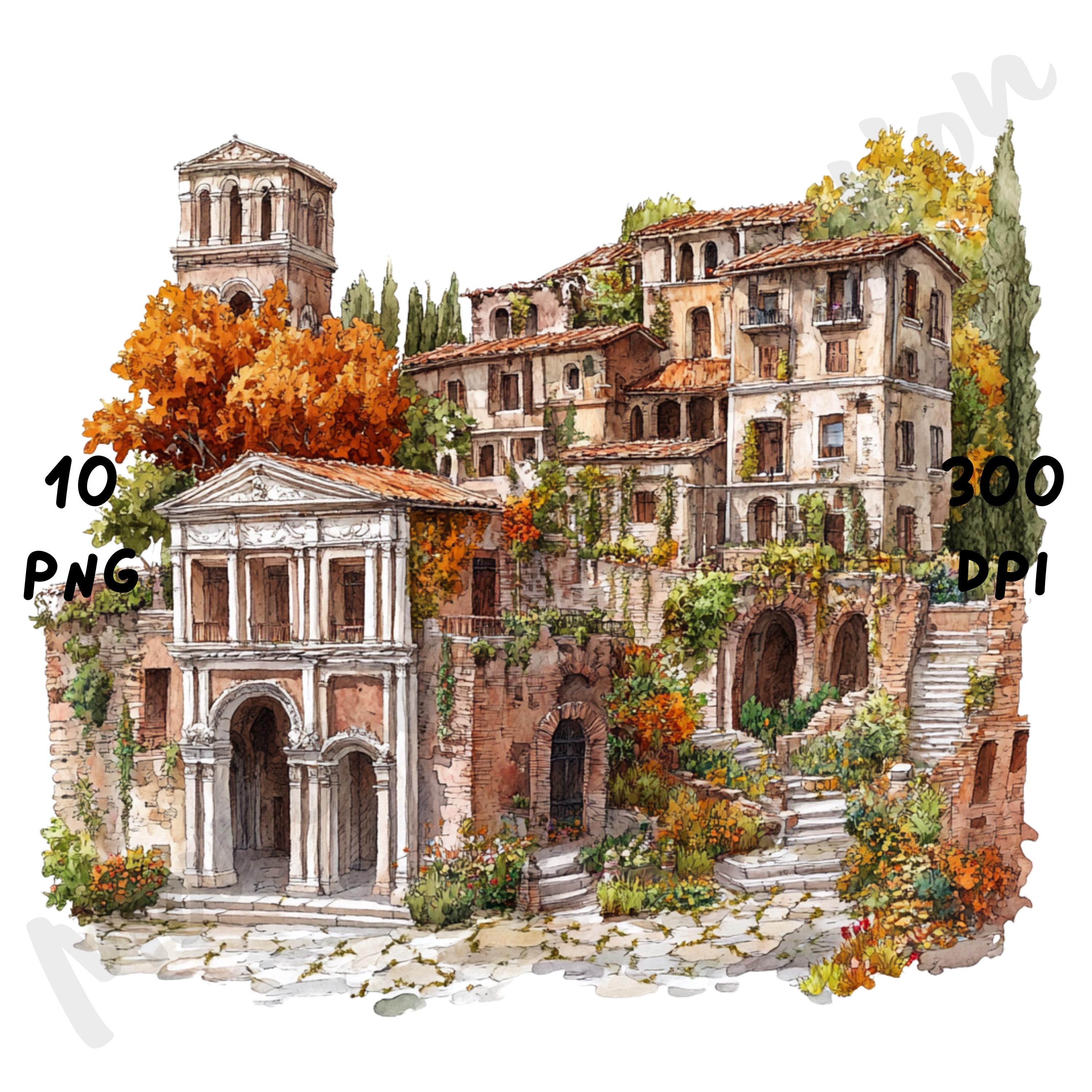 10 PNG Quirky Ancient Rome Scene Clipart, Watercolor Rome Cityscape ...