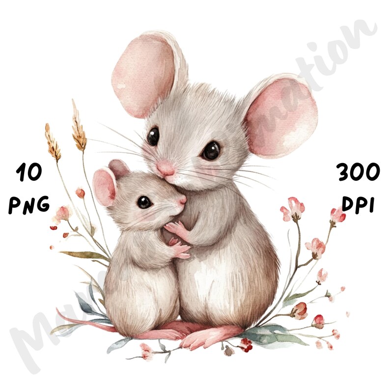 10 PNG Cute Whimsical Mouse Mother Clipart, Watercolor Mom Mouse and ...