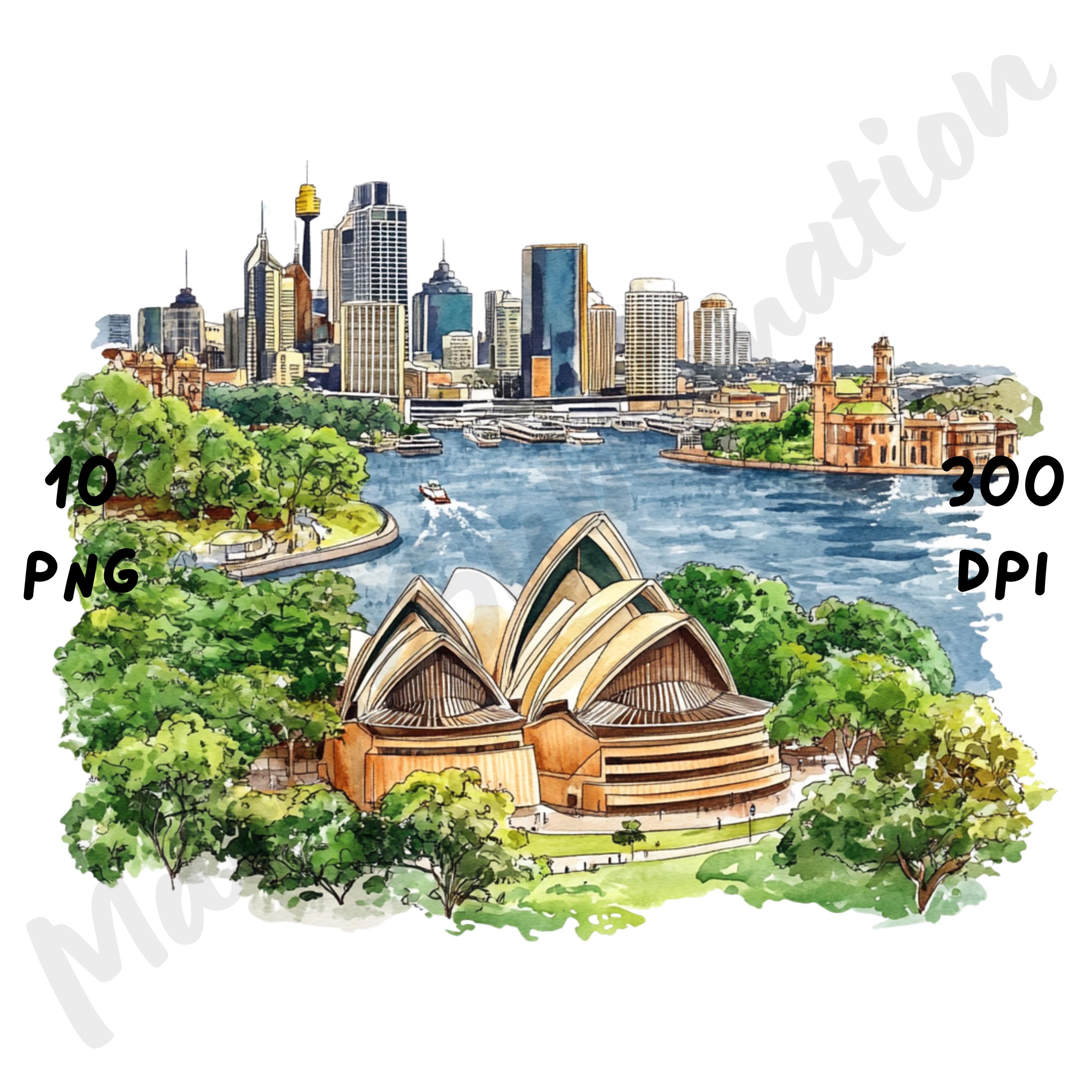 10 PNG Quirky Sydney Scene Clipart, Watercolor City of Sydney View ...