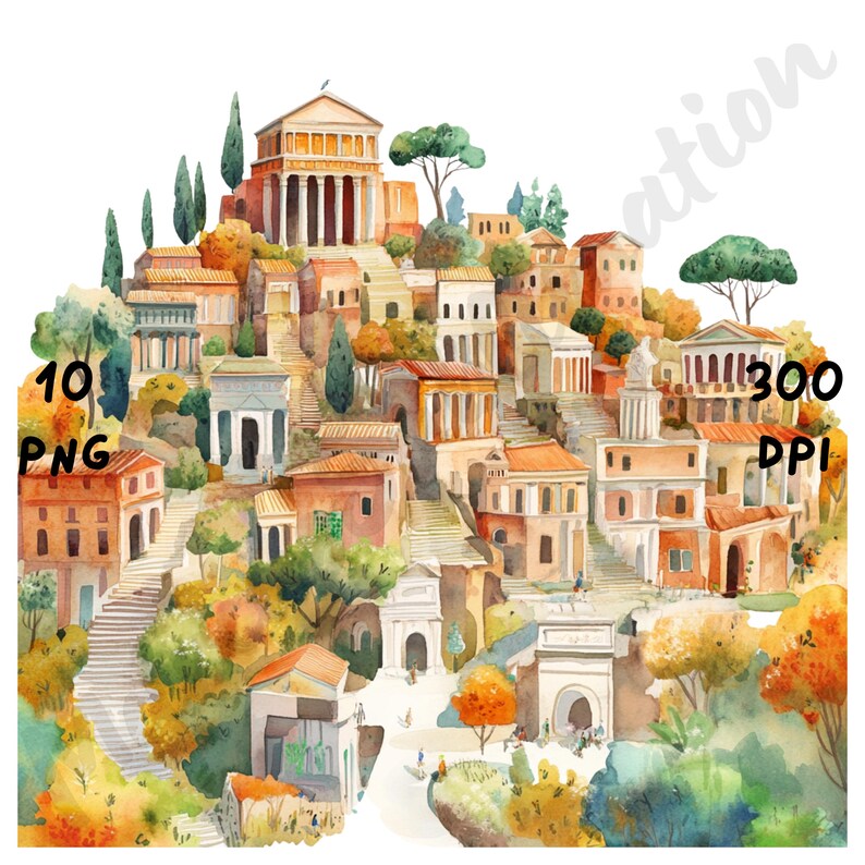 10 PNG Quirky Ancient Rome Scene Clipart, Watercolor Rome Cityscape ...
