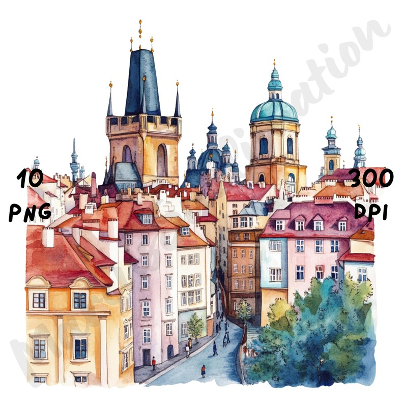 10 PNG Quirky Prague Scene Clipart, Watercolor Prague View, Whimsical ...