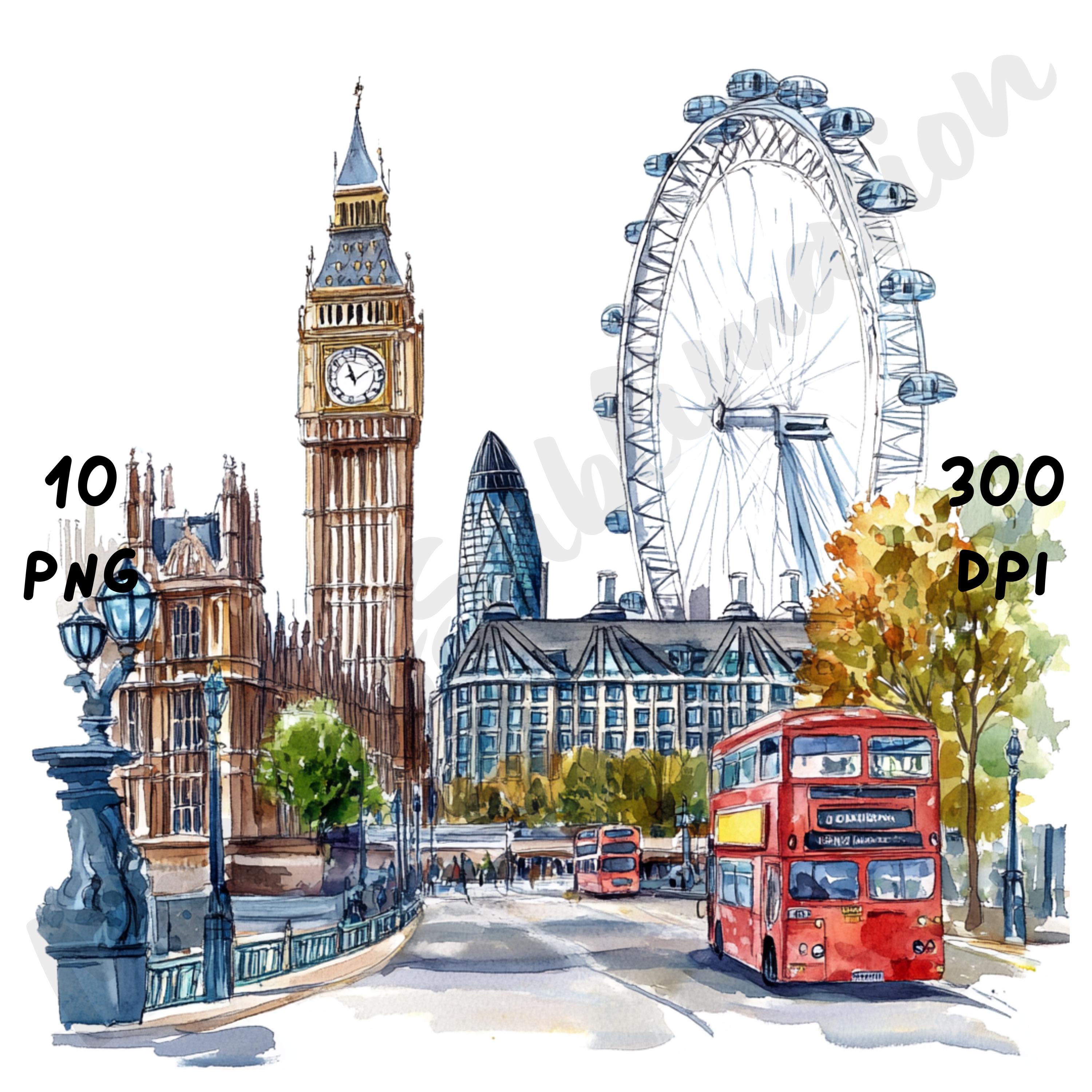 10 PNG Quirky London Scene Clipart, Watercolor City of London View ...