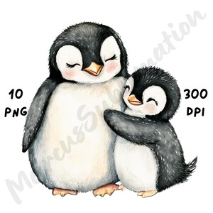 10 PNG Cute Penguin Mother Clipart, Watercolor Mom Penguin and Her Cubs ...