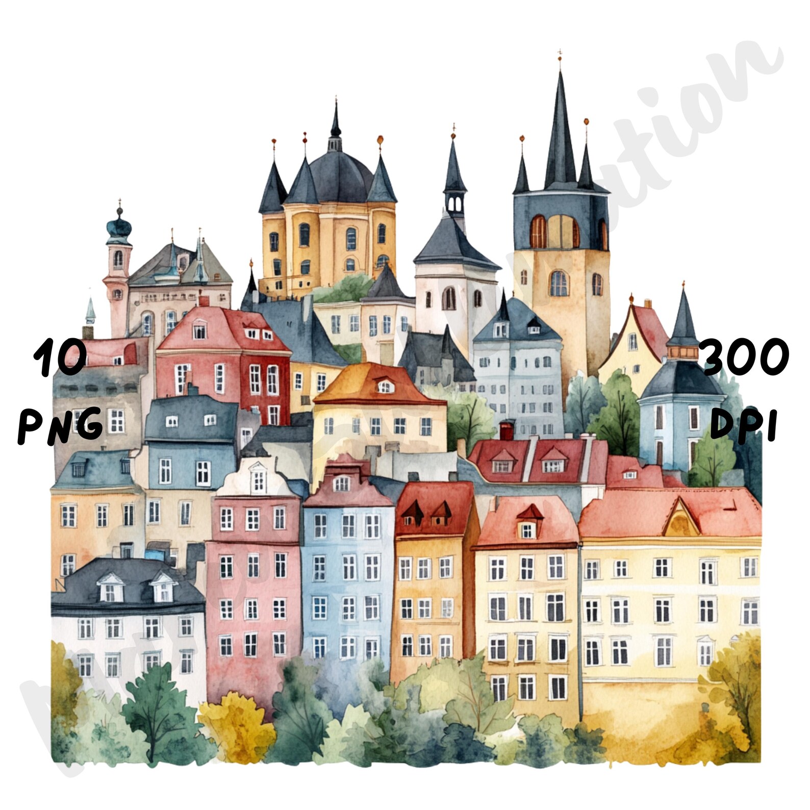 10 PNG Quirky Prague Scene Clipart, Watercolor Prague View, Whimsical ...