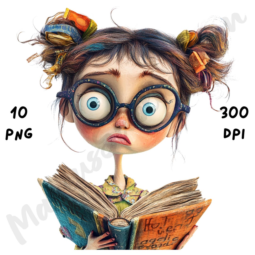 Bookworm Girl Clipart PNG – 10 Quirky Whimsical Sublimation Files for ...