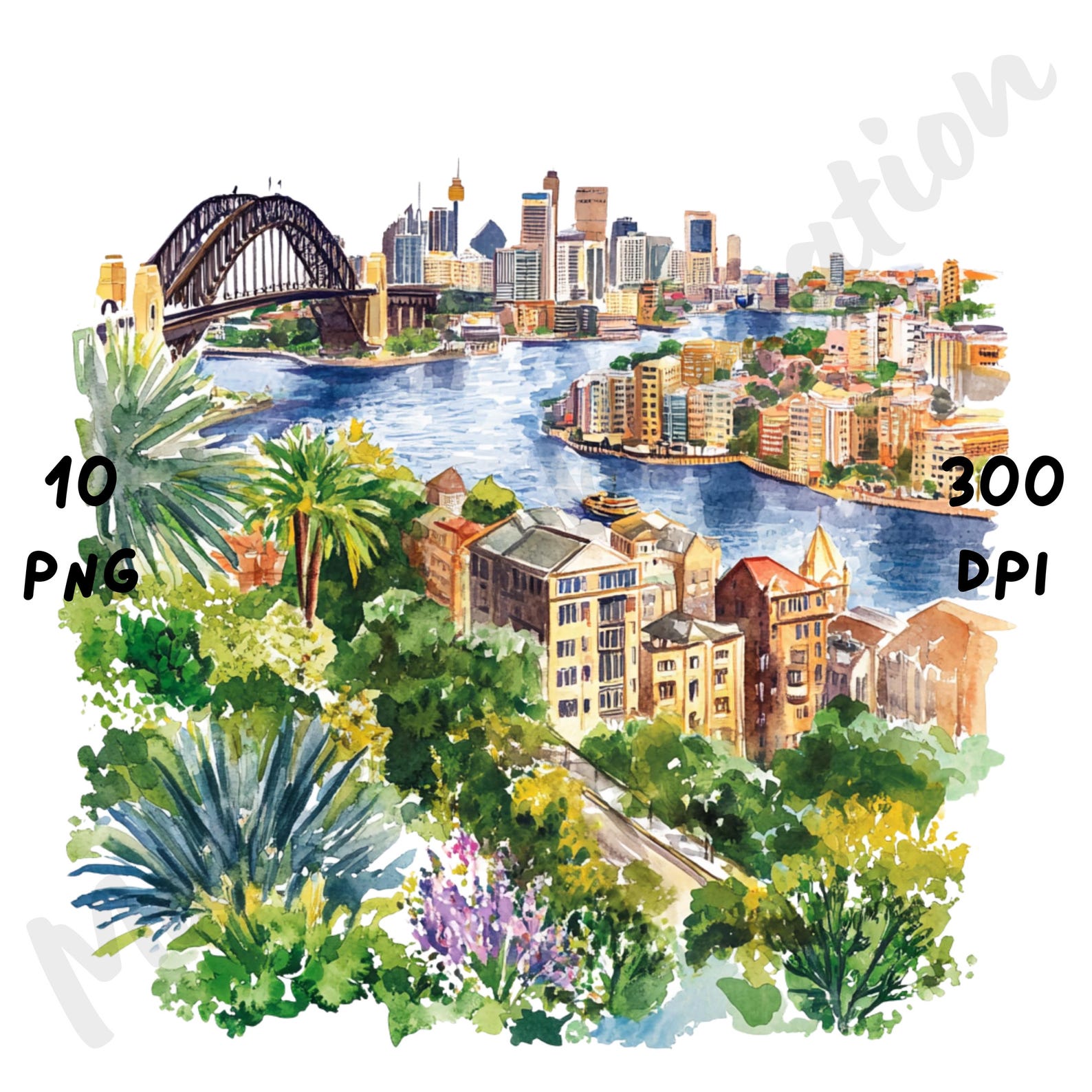 10 PNG Quirky Sydney Scene Clipart, Watercolor City of Sydney View ...