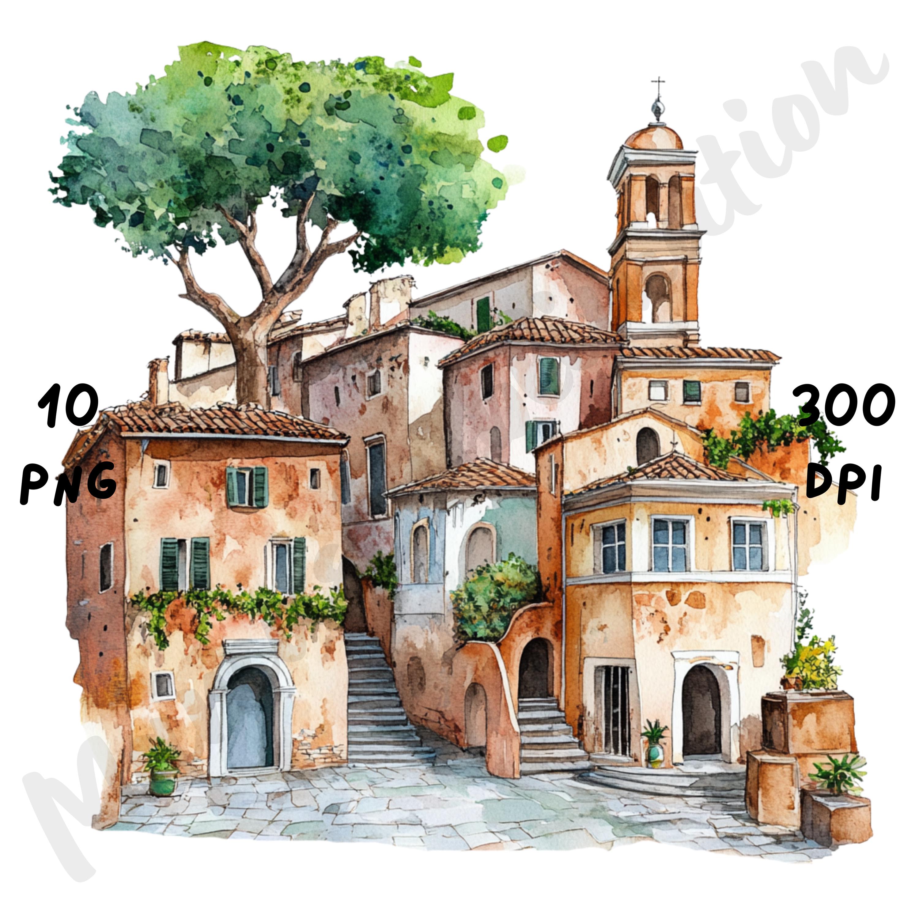 10 PNG Quirky Rome Scene Clipart, Watercolor City of Rome View ...