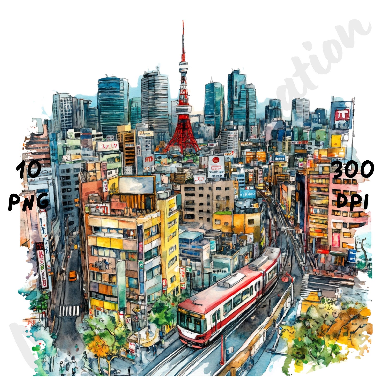 10 PNG Quirky Tokyo Scene Clipart, Watercolor City of Tokio View ...