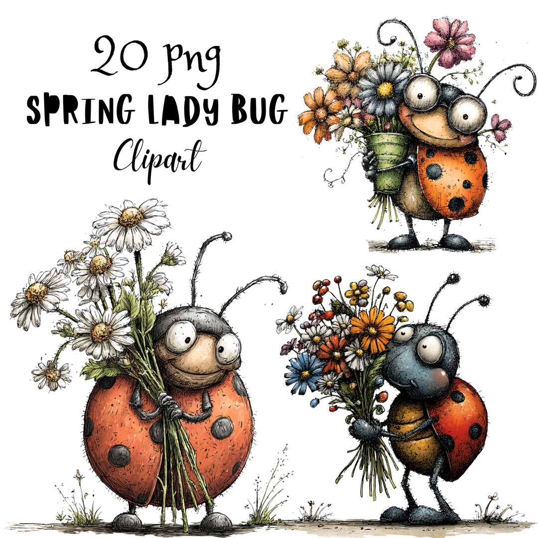 Floral Lady Bug Whimsical Clipart Bundle, Funny Spring Animal Character ...