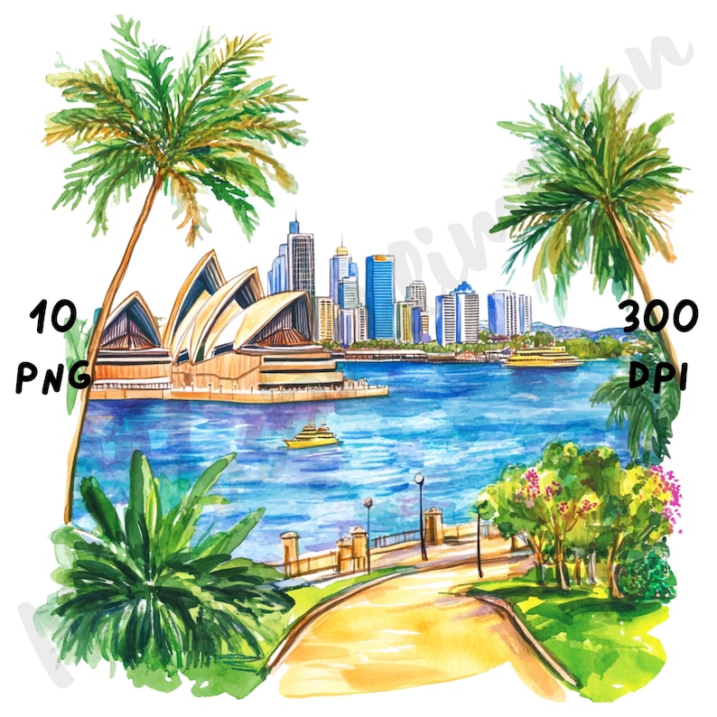 10 PNG Quirky Sydney Scene Clipart, Watercolor City of Sydney View ...