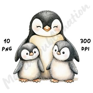 10 PNG Cute Penguin Mother Clipart, Watercolor Mom Penguin and Her Cubs ...