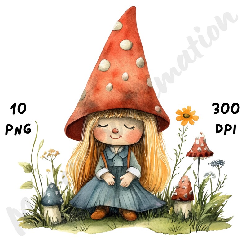 10 PNG Quirky Garden Gnome Girl Clip Art, Watercolor Cartoon Gnome ...