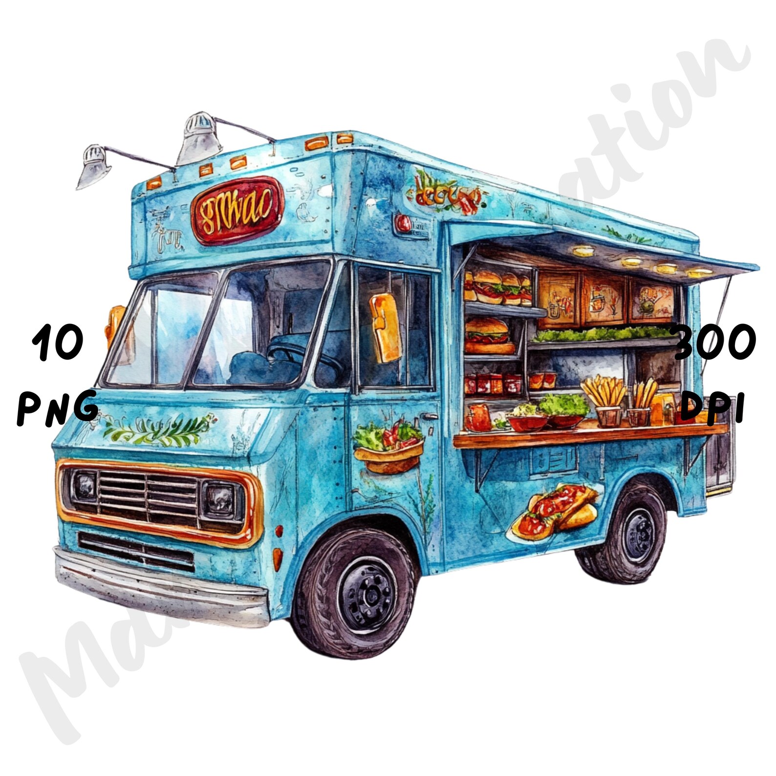 10 PNG Quirky Food Truck Clipart, Whimsical Shop Scene, Watercolor ...