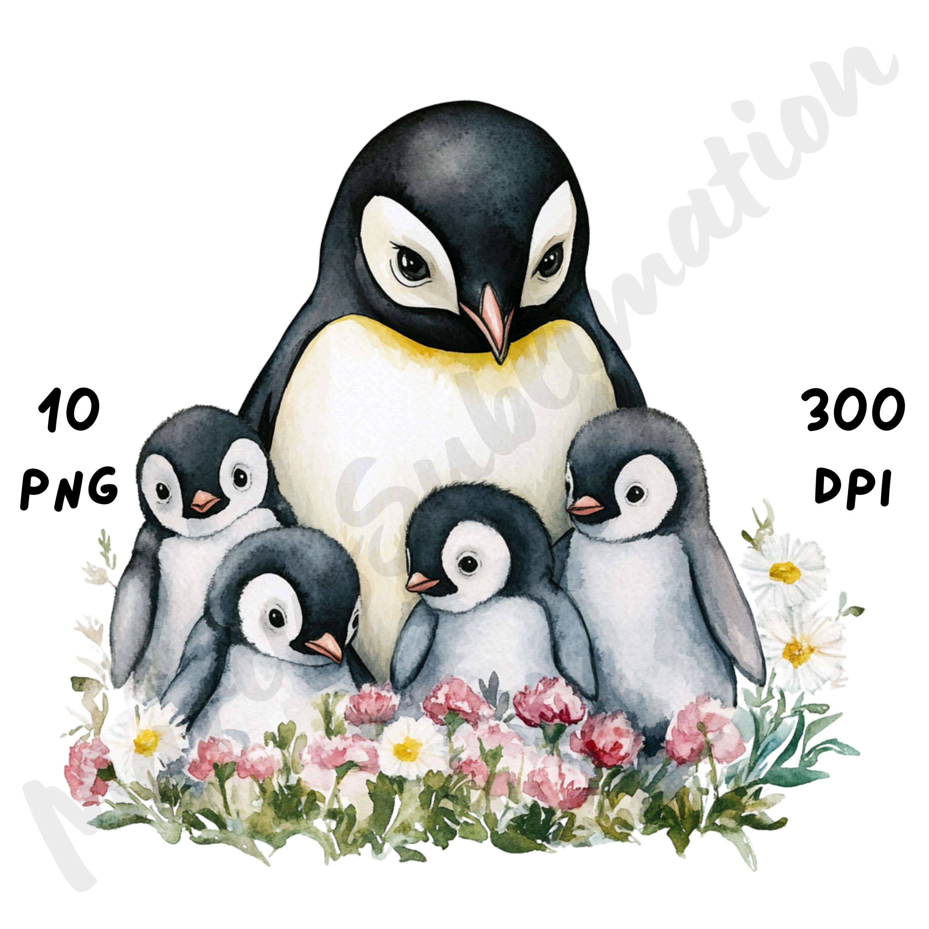 10 PNG Cute Penguin Mother Clipart, Watercolor Mom Penguin and Her Cubs ...