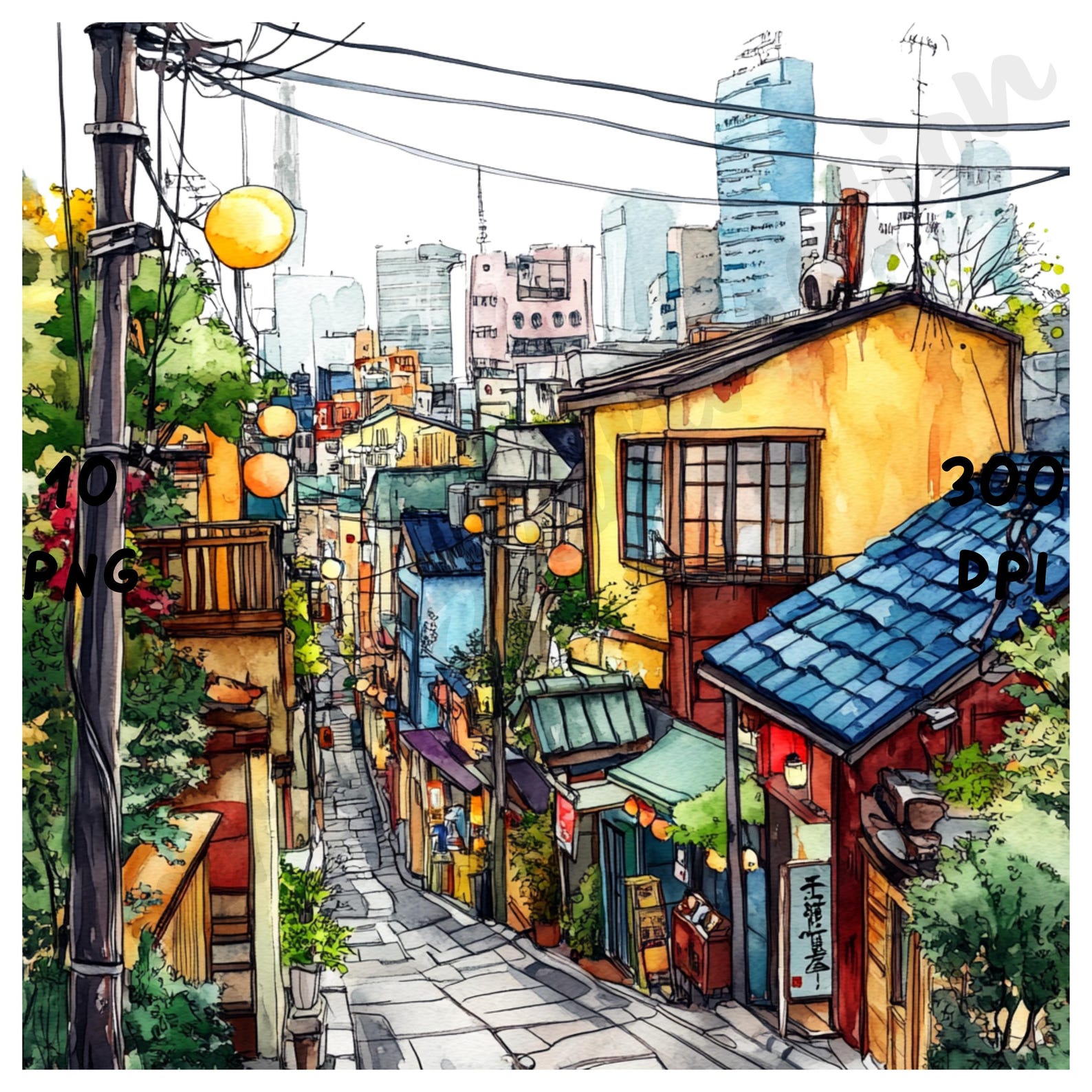 10 PNG Quirky Tokyo Scene Clipart, Watercolor City of Tokio View ...