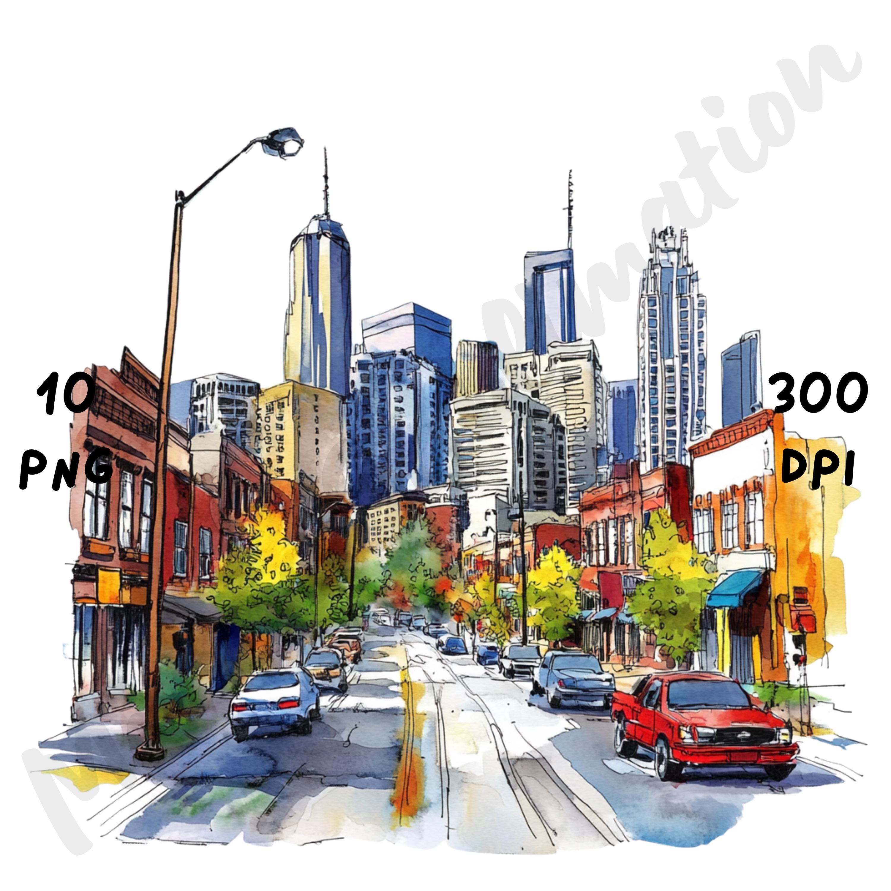10 PNG Quirky Atlanta Scene Clipart, Watercolor Atlanta Cityscape ...