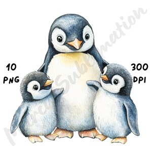 10 PNG Cute Penguin Mother Clipart, Watercolor Mom Penguin and Her Cubs ...