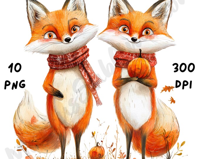 Cute Fall Foxes Clipart Bundle, Watercolor Autumn Fox Clip Art Images ...