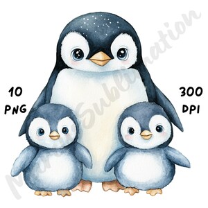 10 PNG Cute Penguin Mother Clipart, Watercolor Mom Penguin and Her Cubs ...