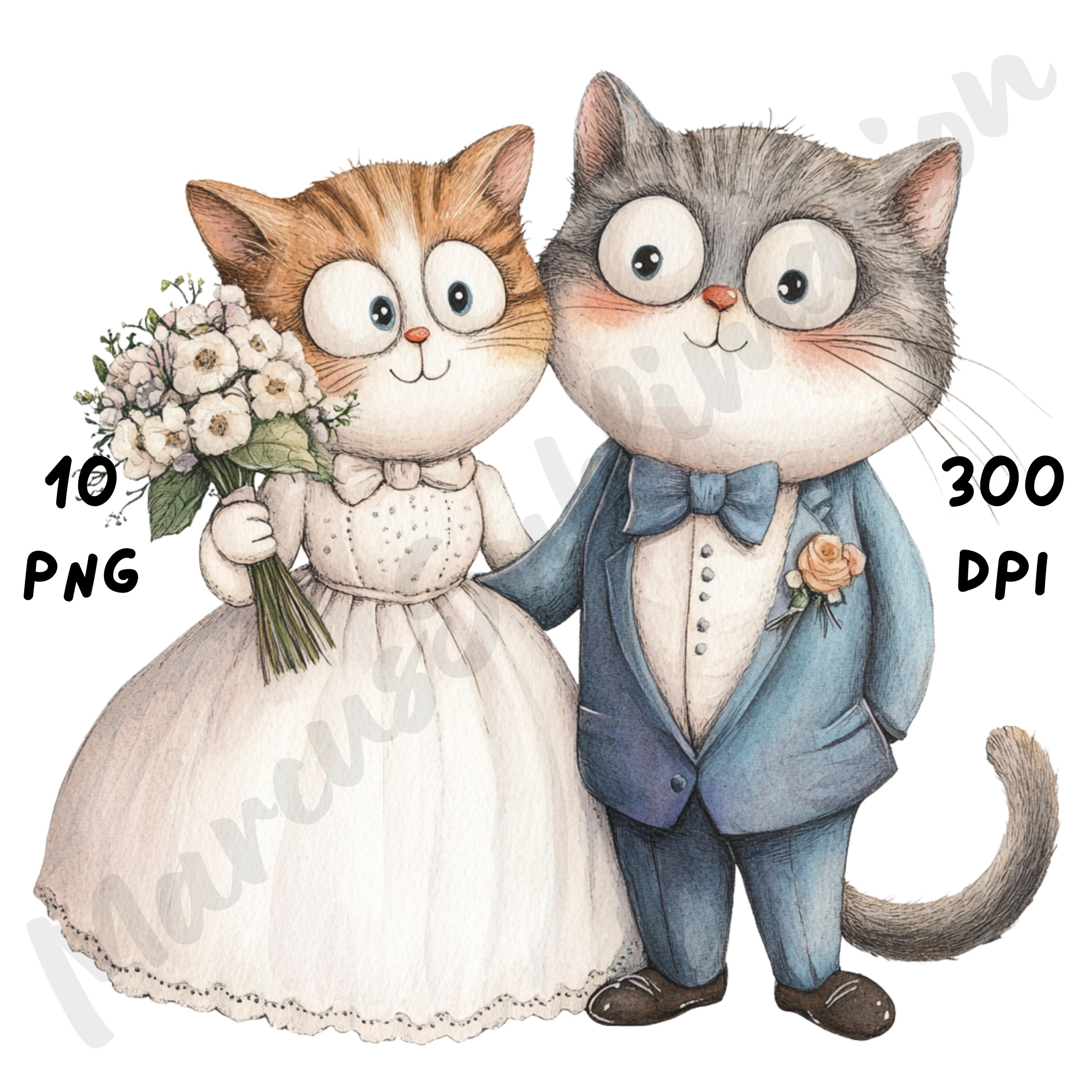 10 PNG Quirky Wedding Cat Couple Clipart, Whimsical Cartoon Cat Lover ...