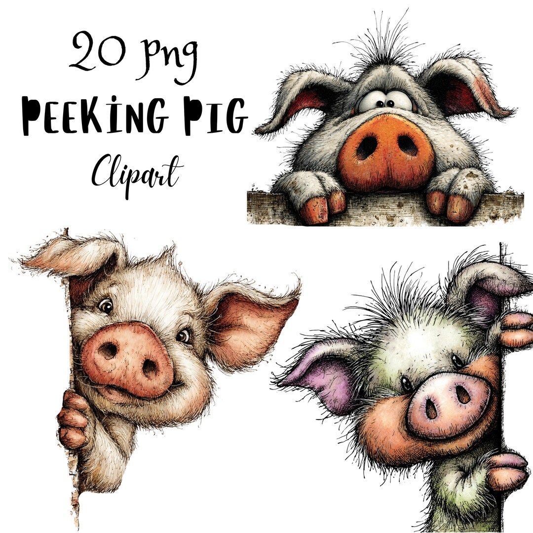 Peeking Pig Clipart, Quirky Peeker Farm Animal PNG Set, Whimsical Funny ...