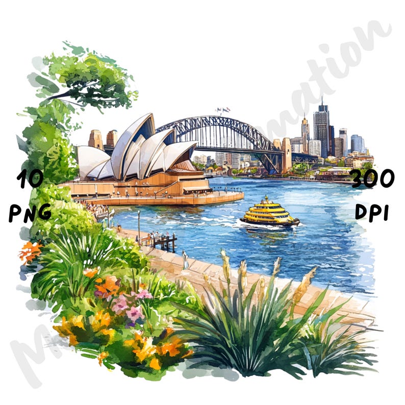 10 PNG Quirky Sydney Scene Clipart, Watercolor City of Sydney View ...
