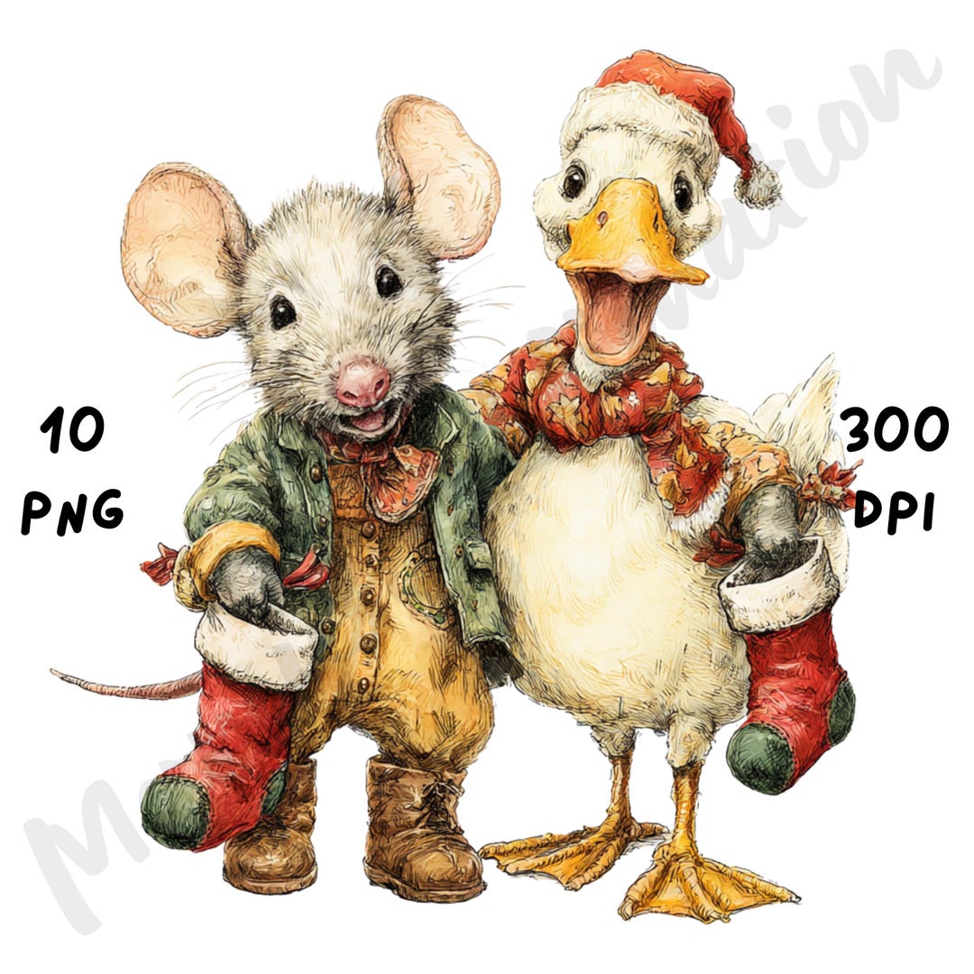 10 PNG Quirky Christmas Mouse and Duck Clipart, Funny Whimsical Animal ...