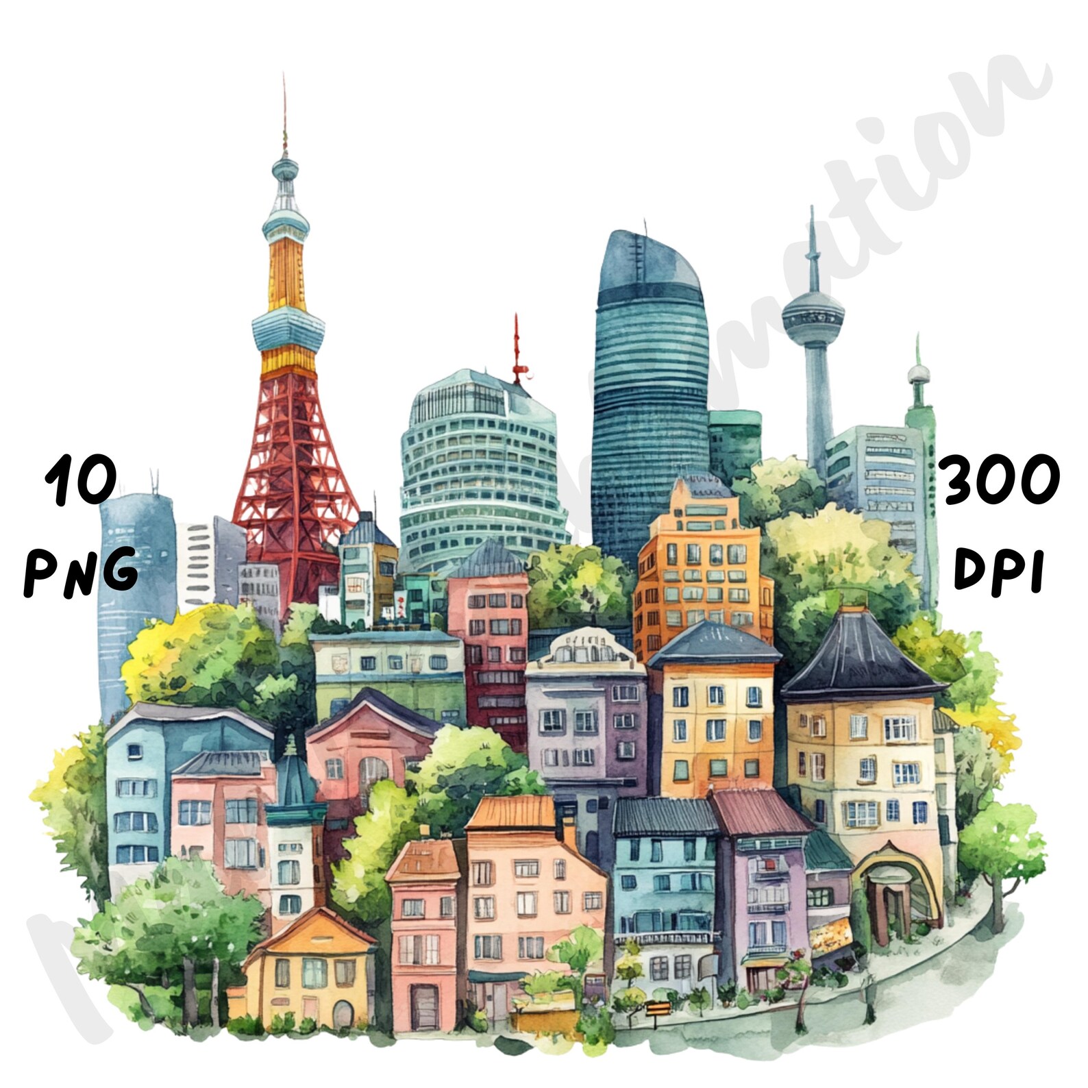 10 PNG Quirky Tokyo Scene Clipart, Watercolor City of Tokio View ...