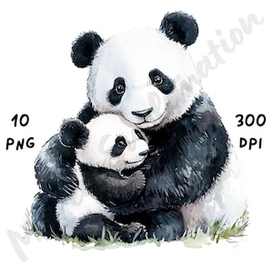 10 PNG Cute Panda Mother Clipart, Watercolor Mom Panda and Her Cubs ...