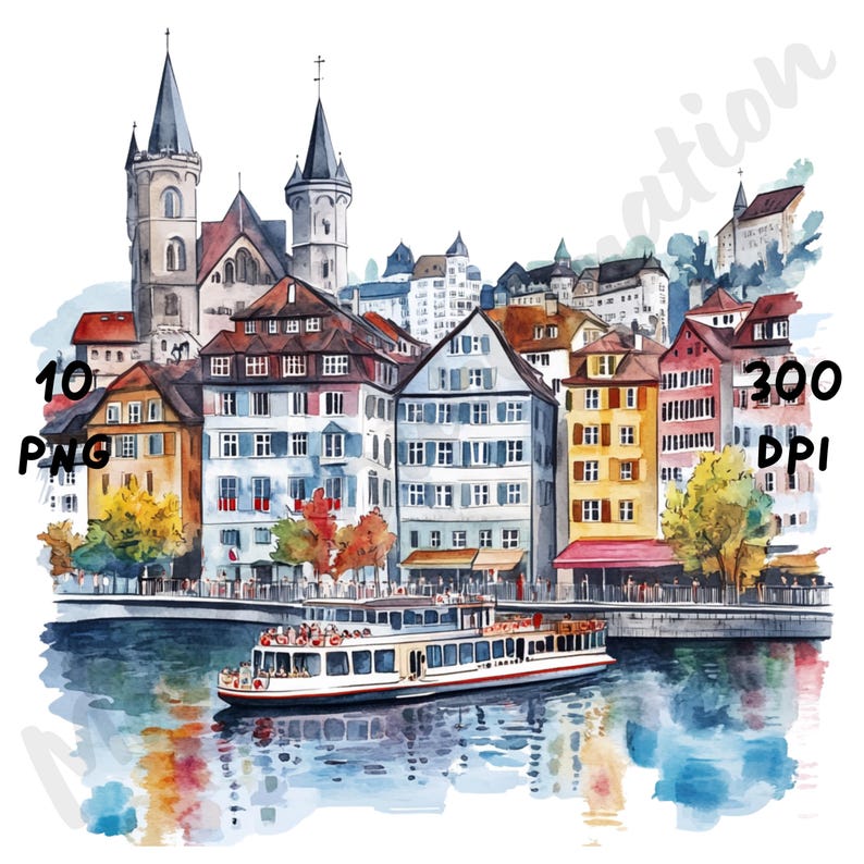 10 PNG Quirky Zurich Scene Clipart, Watercolor Swiss City View ...