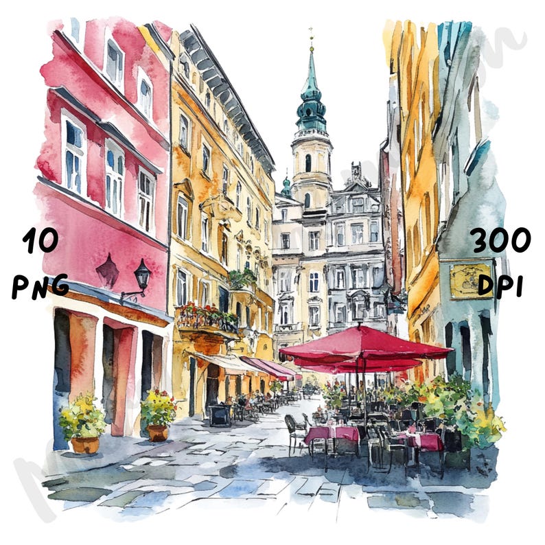 10 PNG Quirky Vienna Scene Clipart, Watercolor City of Vien View ...