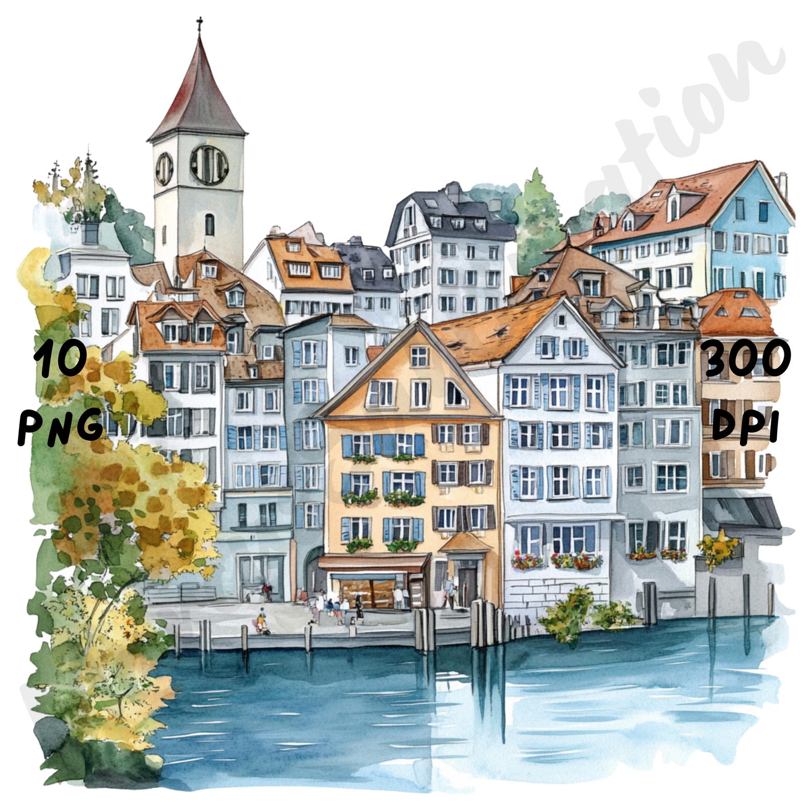 10 PNG Quirky Zurich Scene Clipart, Watercolor Swiss City View ...