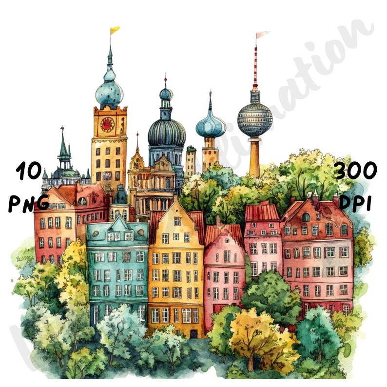 10 PNG Quirky Berlin Scene Clipart, Watercolor City of Berlin View ...