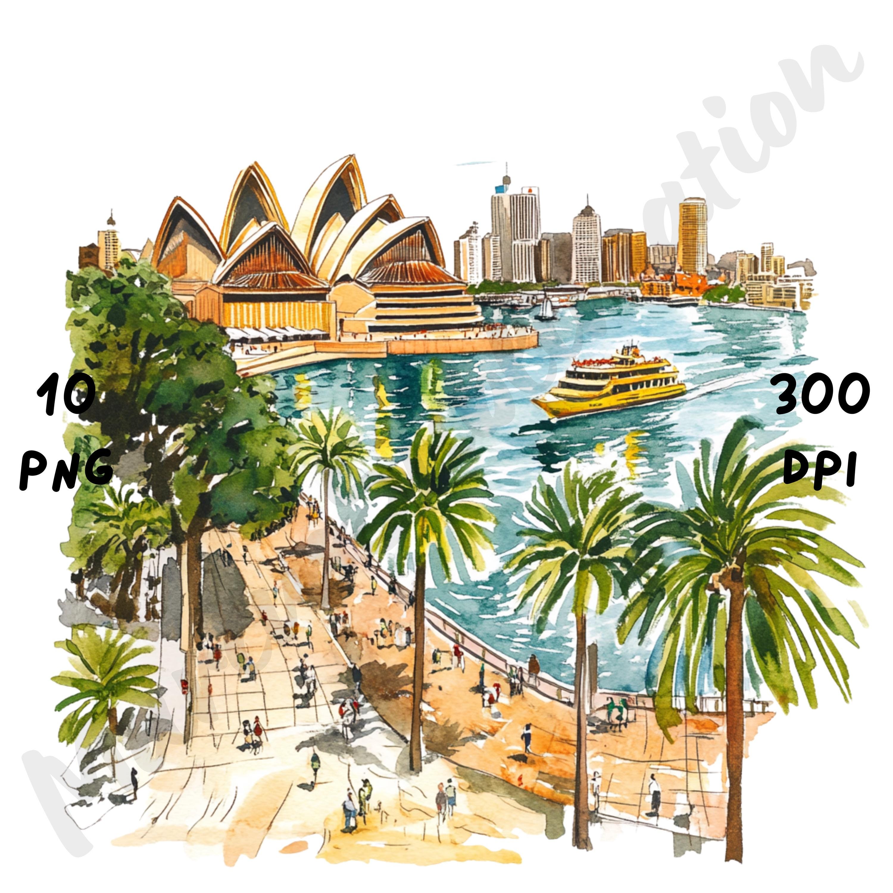 10 PNG Quirky Sydney Scene Clipart, Watercolor City of Sydney View ...