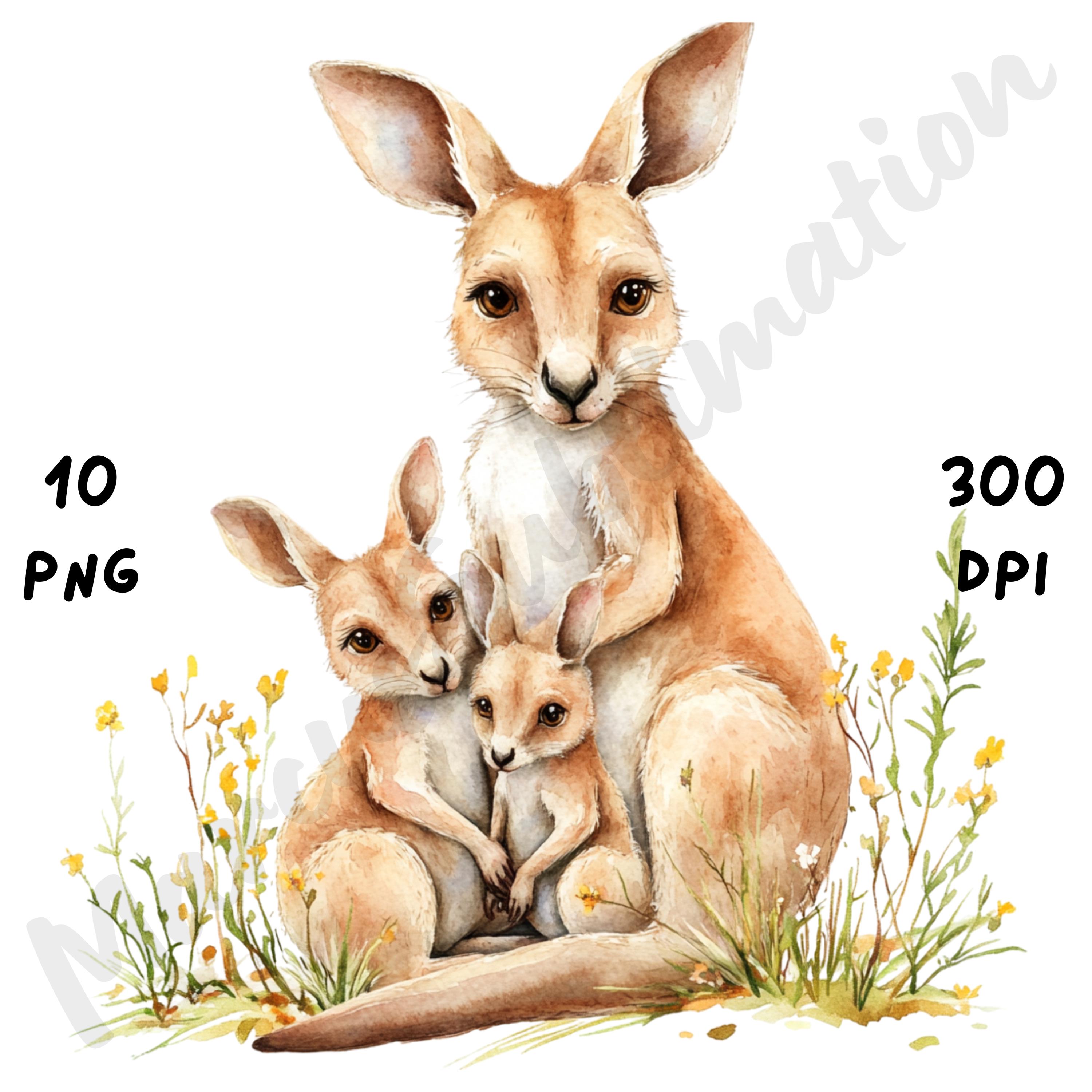 10 PNG Cute Kangaroo Mother Clipart, Watercolor Mom Kangaroo and Cubs ...