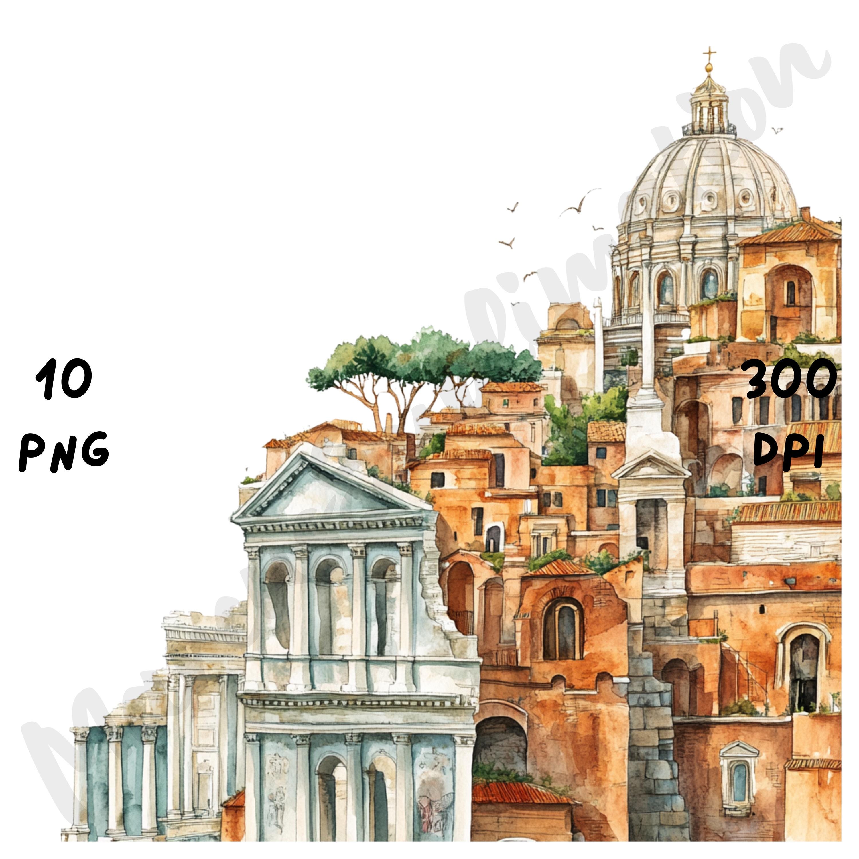 10 PNG Quirky Rome Scene Clipart, Watercolor City of Rome View ...