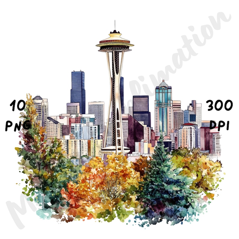 10 PNG Quirky Seattle Scene Clipart, Watercolor Seattle Cityscape ...